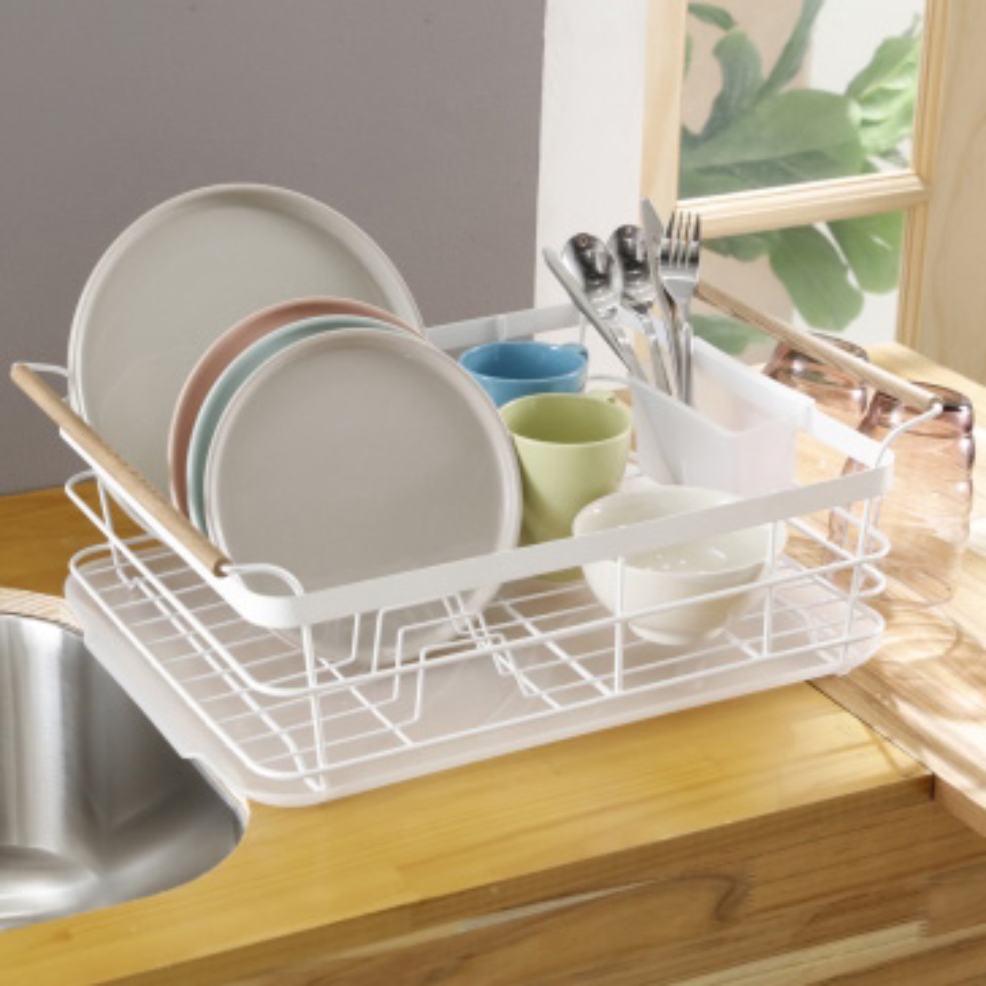 Escurridor para Platos Blanco de Metal y Madera con Agarraderas