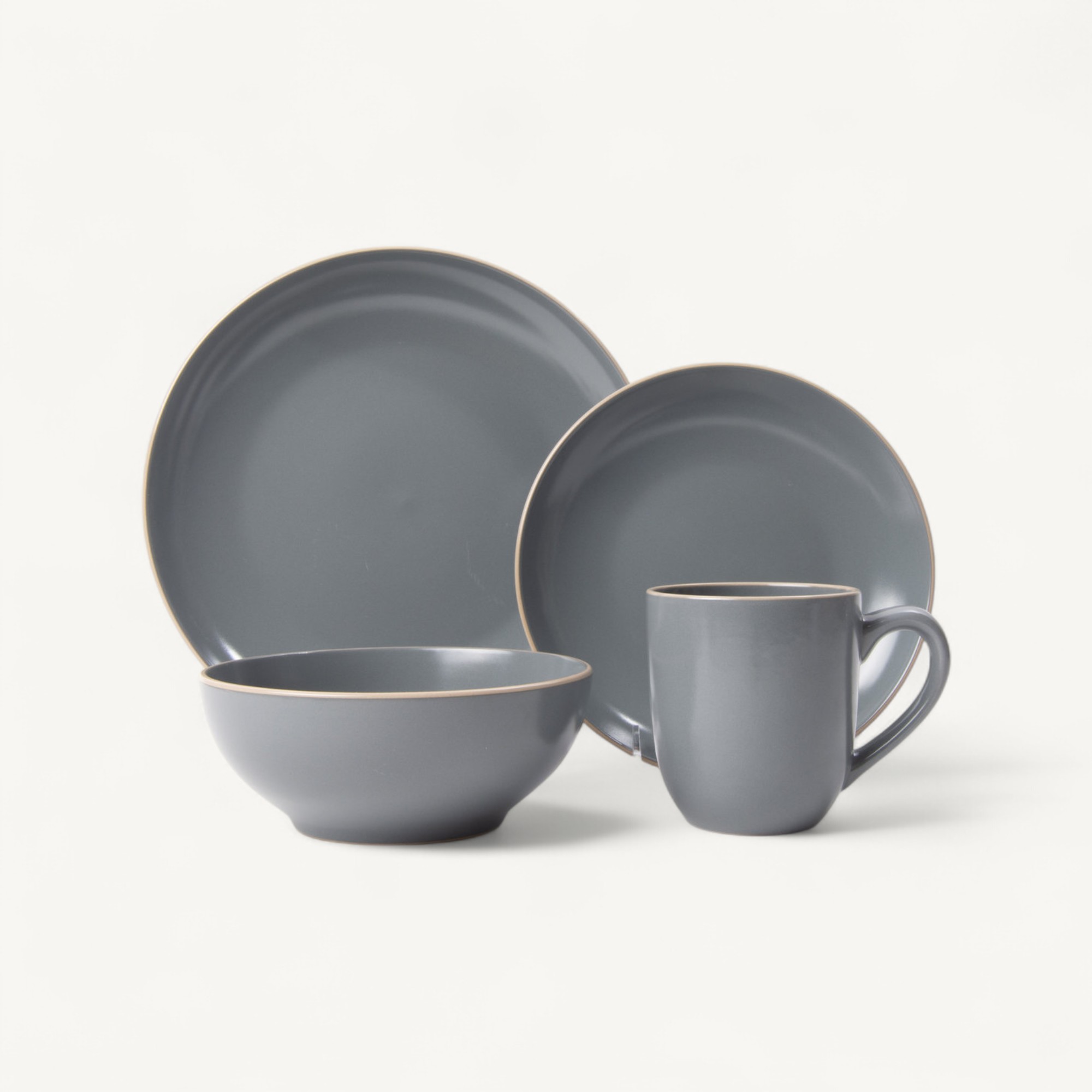 Vajilla Redonda 16 Piezas Bergen Gris / Filo Beige de Cerámica