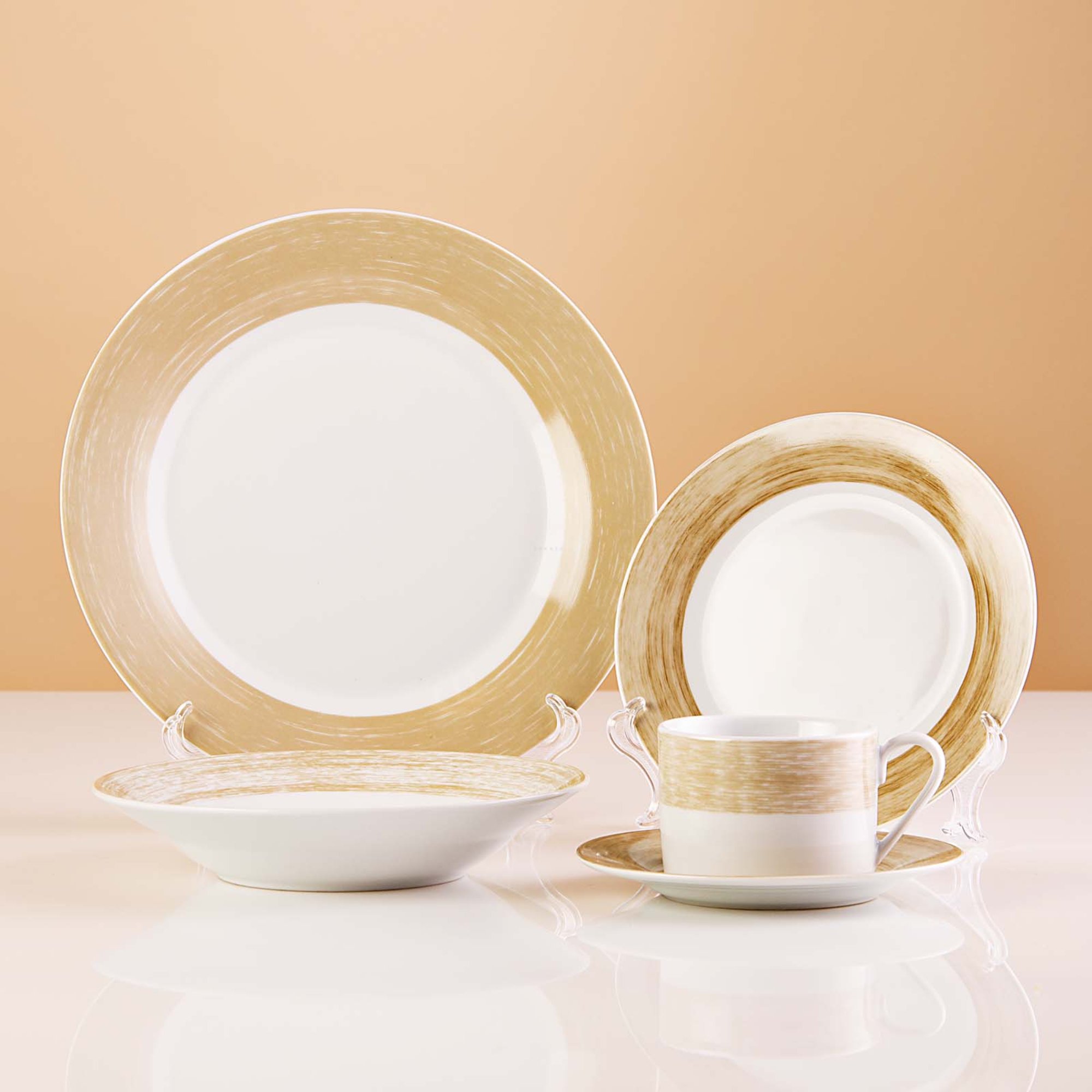 Haus Vajilla Redonda Jaspeado Blanco / Beige de Porcelana 20 Piezas ...