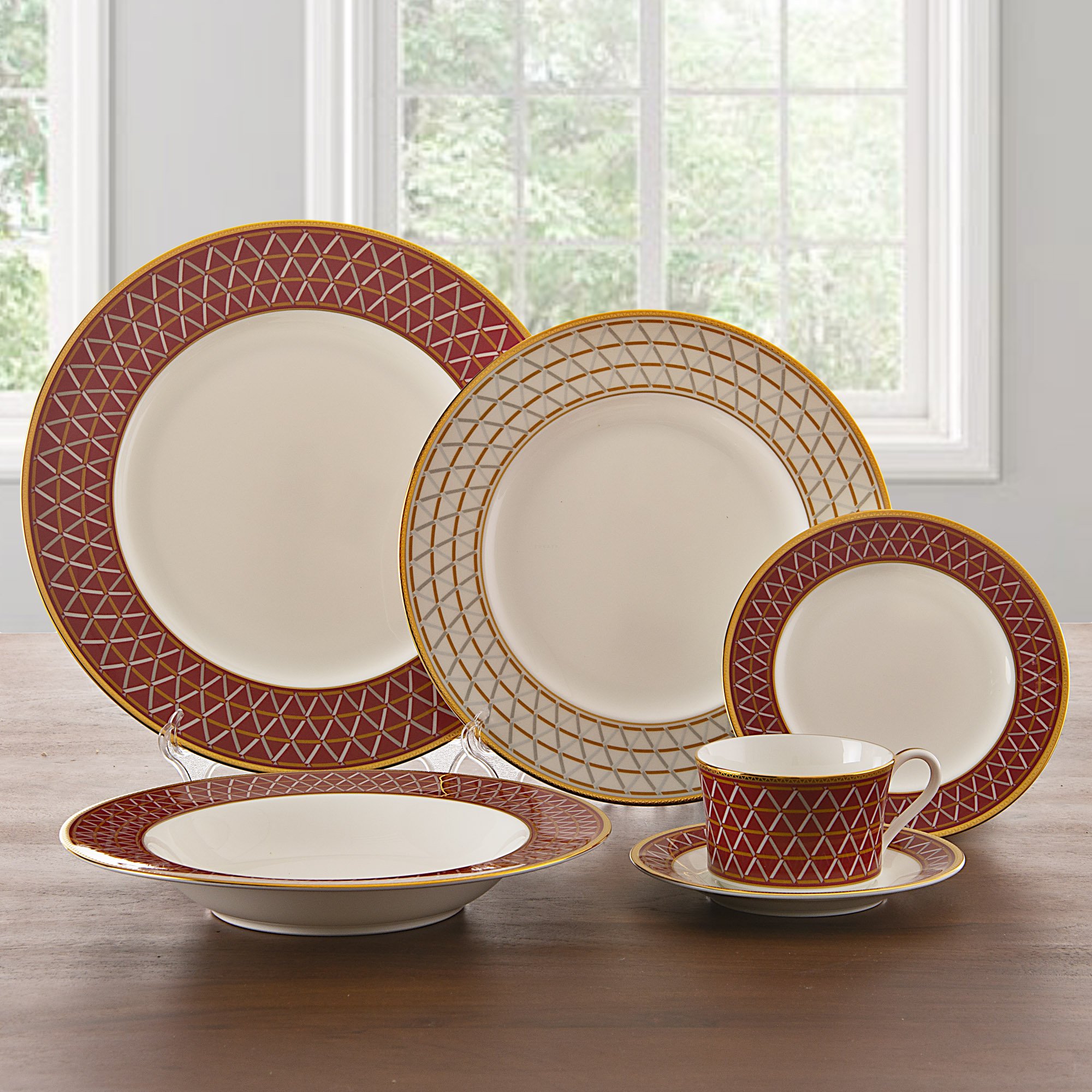 Noritake Vajilla Acento Crochet Rojo / Dorado de Porcelana 24 Piezas ...